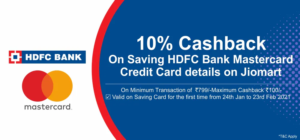 Jiomart HDFC Card Offer : 10% Cashback Upto R.100 Using HDFC Mastercard ...