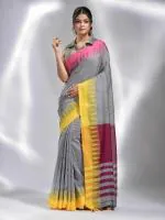 Charukriti Grey Pure cotton handwoven saree with kolka border - JioMart