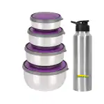 Buy Home-Pro - 4 pcs Bowl Set Purple and Stainless Steel Sipper Bottle ...