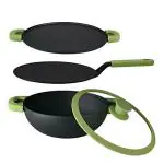 Buy Bergner Green Cast Iron Pre-Seasoned 4 Pcs Cookware Set, Kadai 23cm ...