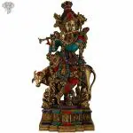 Buy Kalakrithi Religious Brass Lord Krishna Statue with Cow Designed ...