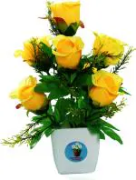 Buy Chaudhary Flower Silk Yellow Rose Artificial Flower with Pot 27.5 ...