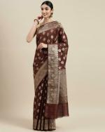 Buy SWATIKA Women Brown Linen Blend Traditional Saree (Free Size ...