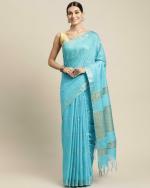 Buy SWATIKA Women Blue Woven Design Silk Blend Traditional Saree (Free ...