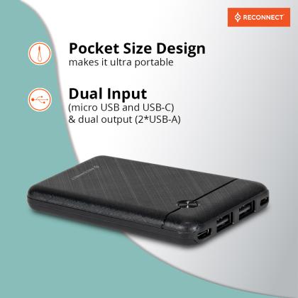 Reconnect 5000 mAh Power Bank with 10 Watt Max Power Ouput, Black - JioMart