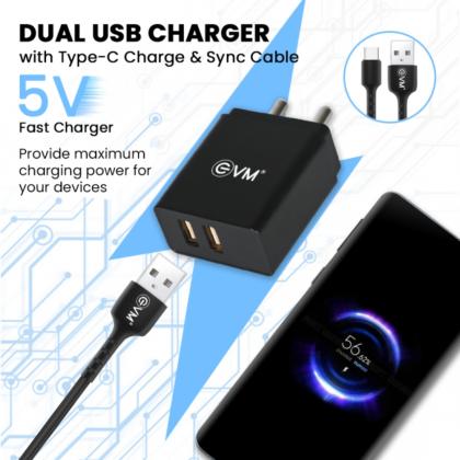 EVM CH-04 Dual USB Port Travel Charger with USB Type-C Cable, Black ...