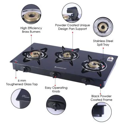 Wonderchef Ultima Plus 3 Burner Auto Cooktop with 6 mm Thick Toughened ...