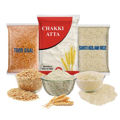 Atta Dal Rice Combo - Chakki Atta 5 kg + Toor Dal 2 kg + Surti Kolam ...