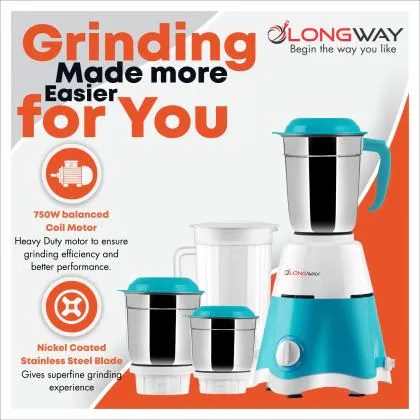 Longway Super Dlx 4 Jar Mixer Grinder (750 Watts, White & Green) - JioMart