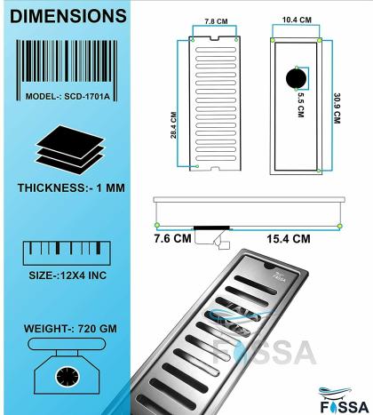 Fossa 12x4 Shower Linear Brushed Drain Side Hole Rectangular Floor ...