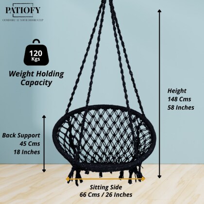 Patiofy Cotton Black Round Swing Chair with Hanging Kit, Swing for Home ...