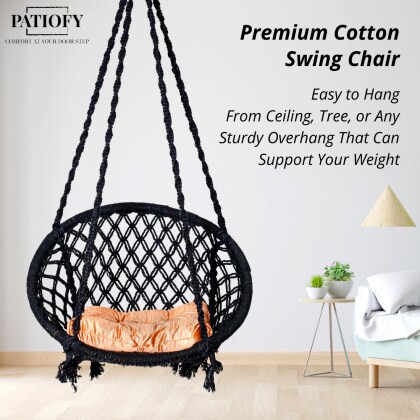 Patiofy Cotton Black Round Swing Chair with Hanging Kit, Swing for Home ...