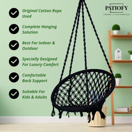 Patiofy Cotton Black Round Swing Chair with Hanging Kit, Swing for Home ...