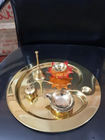 Wacky Brass OM Puja Thali Set With Color Kamal Patta Religious Spritual ...