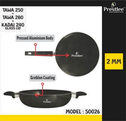 Prestlee Greblon Coating Tawa 250, Tawa 280 & Kadai 240 with Glass Lid ...