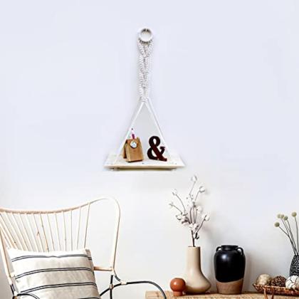 Vah White Wooden Macrame Chain Floating Wall Shelf - JioMart