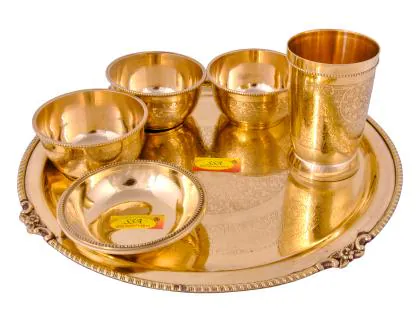 Pure Brass Thali Set | Dinner Set | 6 Pieces (Embossed Flower Eatching ...