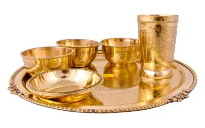 Pure Brass Thali Set | Dinner Set | 6 Pieces (Embossed Flower Eatching ...
