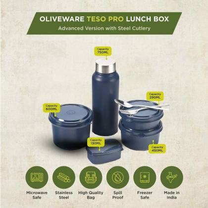 Oliveware Teso Lunch Box with Bottle 4 Containers Lunch Box (blue-pro ...