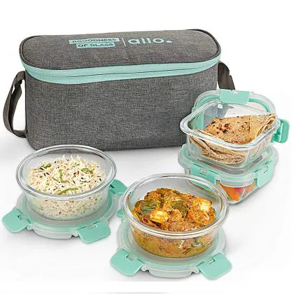 Allo Innoware Glass Lunch Box with Canvas Bag (Pack of 4) - JioMart