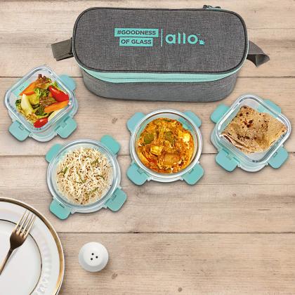 Allo Innoware Glass Lunch Box with Canvas Bag (Pack of 4) - JioMart