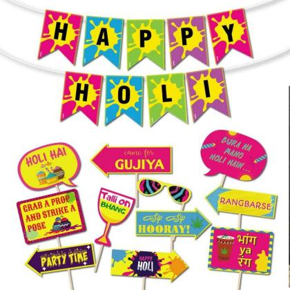 Festiko Happy Holi Decoration Combo (12Pcs Photo Booth Props, Happy ...