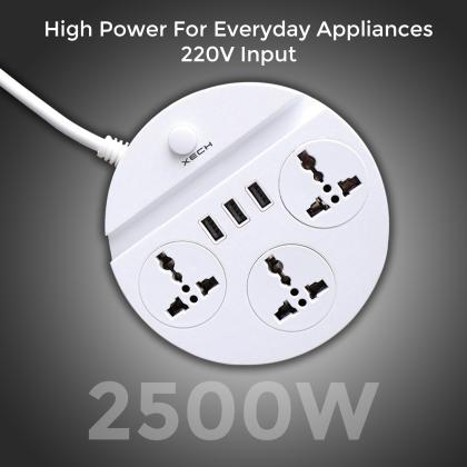 XECH Extension Board with USB 2500W 3 Universal Sockets + 3 USB Ports ...