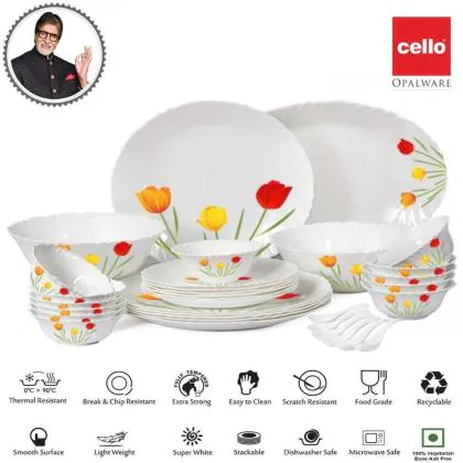 cello Pack of 33 Opalware Imperial Tulip Garden 33 Pcs Dinner Set (White, Microwave Safe) - JioMart