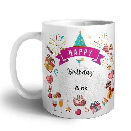 ASHVAH White Round Happy Birthday Alok Ceramic Coffee Mug and Cushion ...