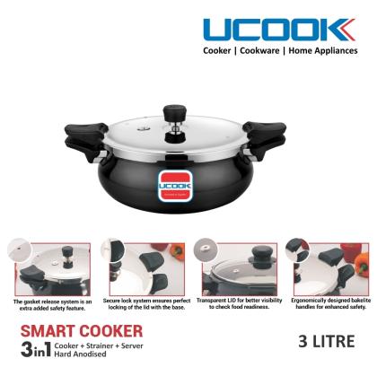 UCOOK Smart 3 in 1 Black Hard Anodised Aluminium Induction Pressure Cooker with Outer Lid 3 L ...