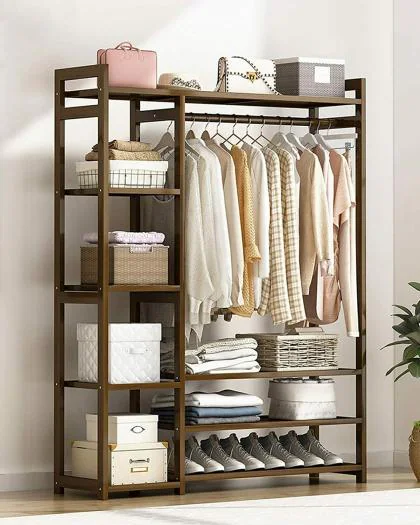 House of Quirk Bamboo Garment Rack with Storage Shelves Clothes Hanging ...