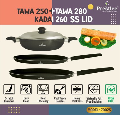 Prestlee Flat Dosa Tawa 2.6 MM Thickness 250, 280 & Kadai 260 with SS ...