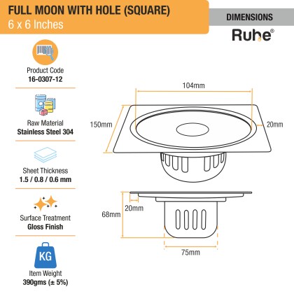 Ruhe Full Moon Round Floor Drain with Hole | 304-Grade Stainless Steel ...