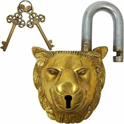 GURU JEE Handmade Solid Brass Lion Padlock with 2 Keys, Beautiful Fully ...