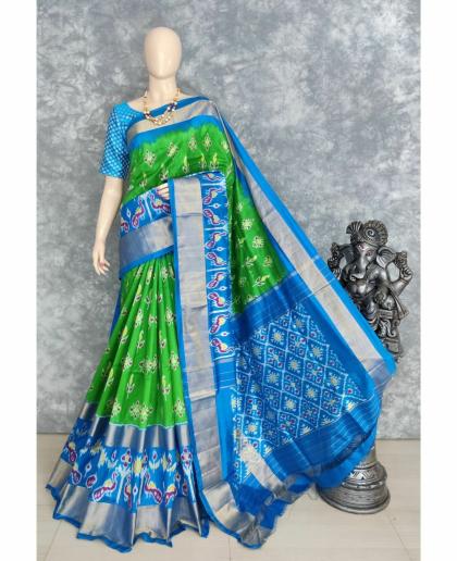 Vikas Handlooms Pochampally ikat pattu silk double kaddi border saree ...