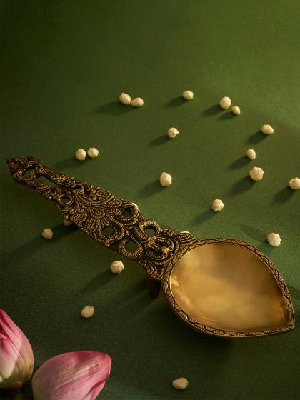 DecorTwist Big Pooja Brass Aarti Havan Chammach/Spoon/Harathi with ...