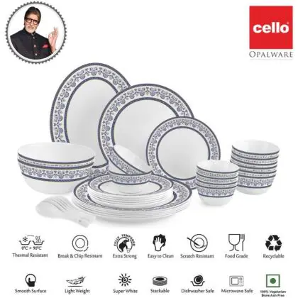 cello Pack of 33 Opalware Solitaire Series BLU 33 pcs Dinner Set (White ...