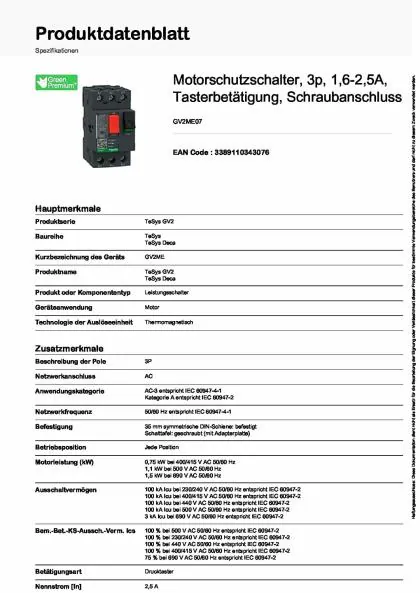 Schneider Electric Motor Circuit Breaker TeSys 3 Pole 1.6-2.5A Thermal ...