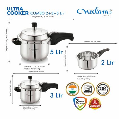 Neelam Stainless Steel Ultra Pressure Cooker Combo Set -2 Litres, 3 ...