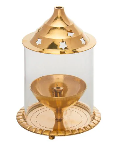 Classyo Brass Akhand Diya for Puja with Borosilicate Glass Cover (Large ...