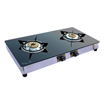DELTA Stainless Steel Black Toughened Glass Top 2 Brass Burner Gas ...
