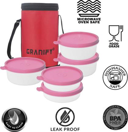 Granify A-629 Red Plastic Lunch Box with Containers and Lunch Box Bag ...