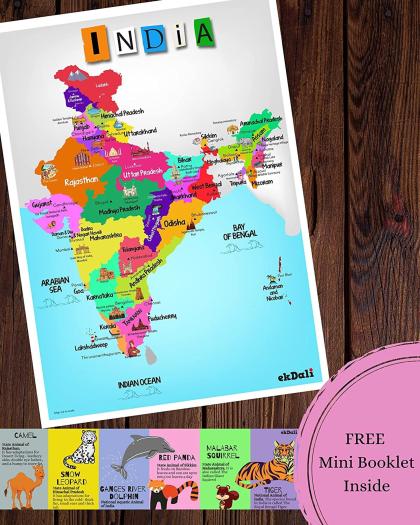 Ekdali Multicolor India Map with Famous Monuments Across Different Cities In India 11.7 x 16.5 ...