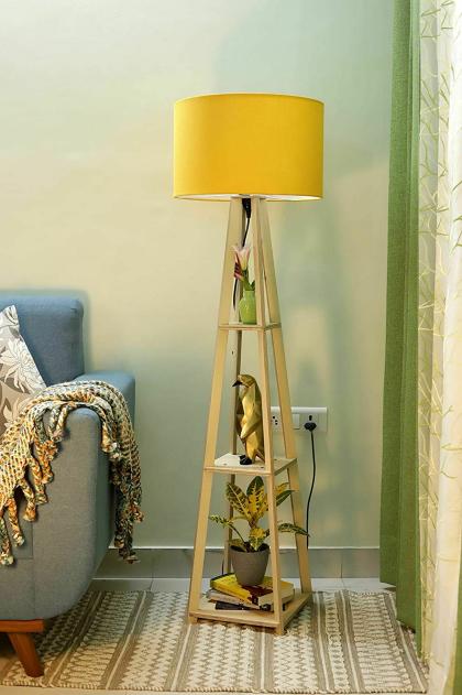 Prodezine Round Floor Lamp Natural Base and Yellow shade with Shelves ...