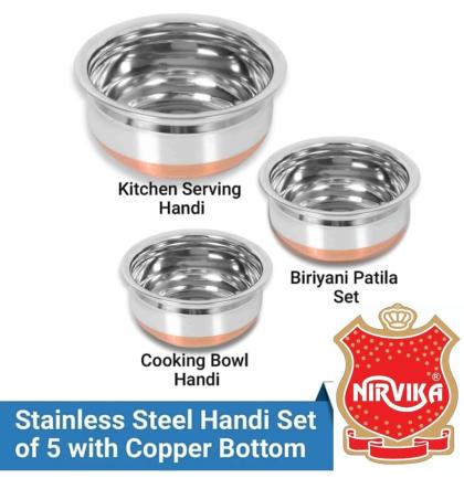 Nirvika Silver And Copper Stainless Steel Handi Set Combo of 1000, 1500 ...