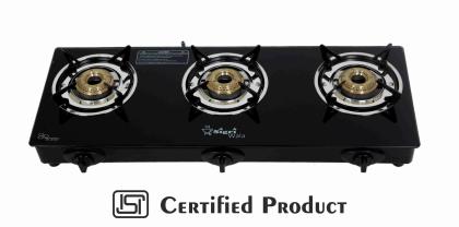 Sigri-wala Black Steel Glass Top Auto Ignition Cast Iron 3 Burner Gas ...