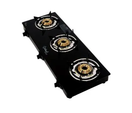 Sigri-wala Black Steel Glass Top Auto Ignition Cast Iron 3 Burner Gas ...