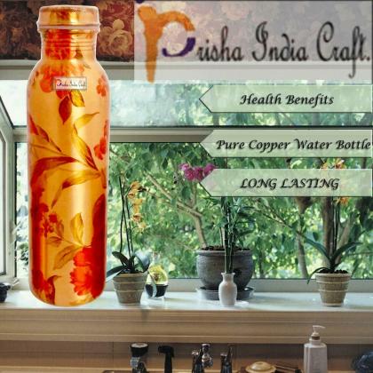 Prisha India Craft Flower design copper bottle 900ml - JioMart