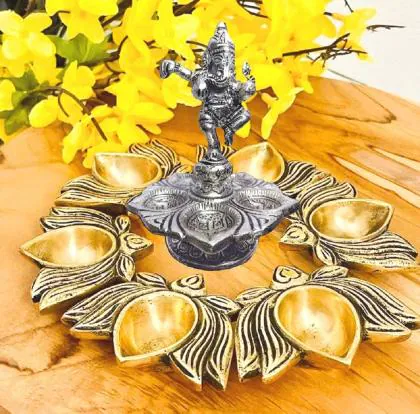 Denique Metal Panch Mukhi Diya,Deepak Deepam With Dancing Ganesha Home ...