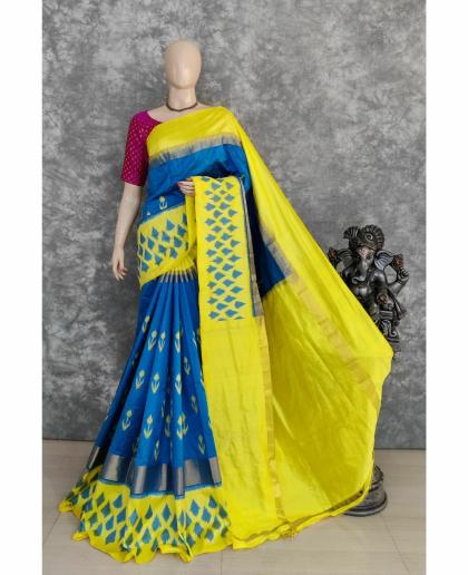 Vikas Handlooms Pochampally ikat pattu silk small kaddi border blue and ...